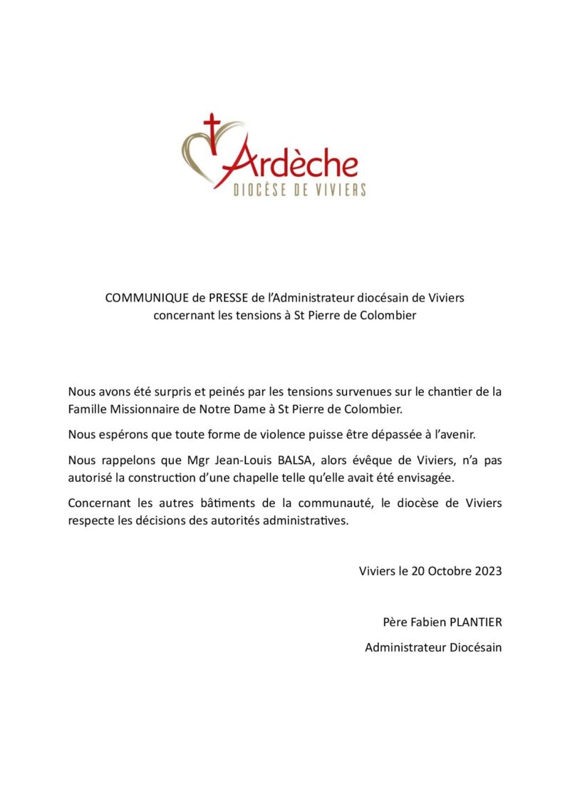 Communiqué de presse chantier FMND - Diocèse de Viviers
